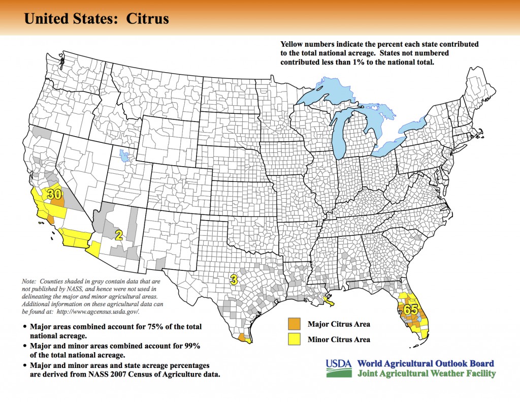 USDA Releases New Maps Identifying Major Crop Producing Areas: Citrus